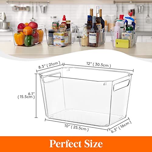 Lifewit 4pcs Large Storage Organizer Bins for Pantry Kitchen, Clear Plastic Storage Basket Set with Handle for Laundryroom Bathroom Cabinet Countertop Organize