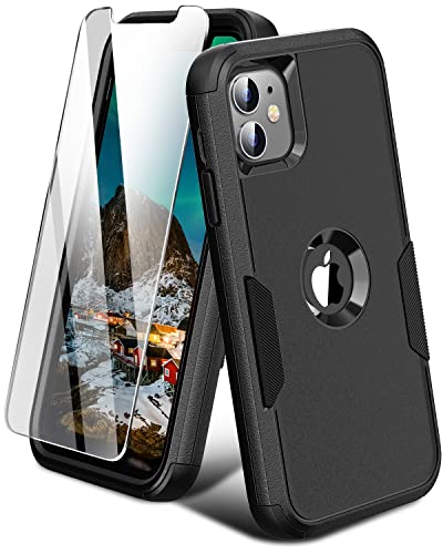 FireNova Design for iPhone 11 Case, with [Tempered Glass Screen Protector][Shockproof] [Dropproof],Protective Heavy-Duty 3 in 1 Tough Rugged Non-Slip Protective Phone Case Cover,6.1 Inch,Black