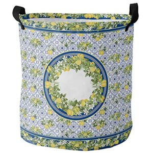 Laundry Basket Blue Tiles Yellow Lemons Green Foliage,Waterproof Collapsible Clothes Hamper Farm Fruits Summer Plants,Large Storage Bag for Bedroom Bathroom 16.5x17In