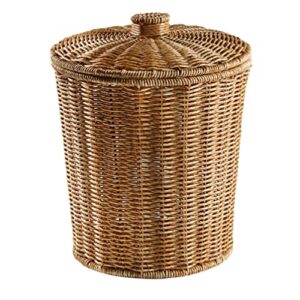 yarnow plastic woven storage baskets with lid, round wicker waste paper basket, wastebasket garbage bin with lid for bedroom bathroom kitchen home office (9.2 x 11 inch, light brown)