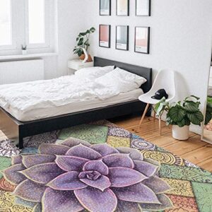 Mandala Pattern Backdrop Purple Succulent Pot Plant Area Rug 2'7"x5',Outdoor Indoor Small Carpet Runner for Kids Teen Girls Boys Bedroom,Living Room,Bathroom,Classroom,Office,Kitchen,Washable Area+Rug