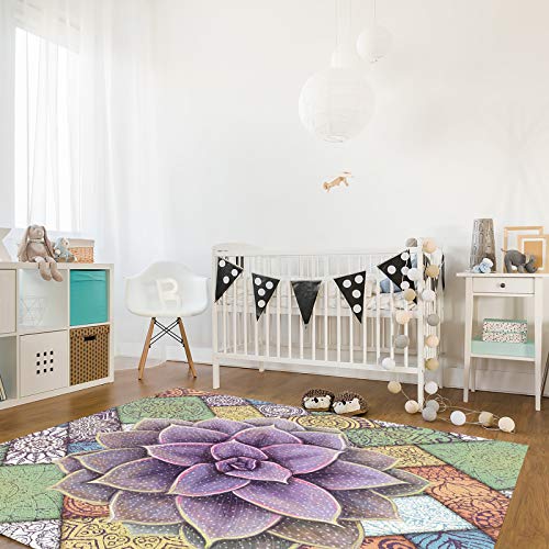 Mandala Pattern Backdrop Purple Succulent Pot Plant Area Rug 2'7"x5',Outdoor Indoor Small Carpet Runner for Kids Teen Girls Boys Bedroom,Living Room,Bathroom,Classroom,Office,Kitchen,Washable Area+Rug