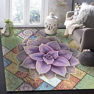 Mandala Pattern Backdrop Purple Succulent Pot Plant Area Rug 2'7"x5',Outdoor Indoor Small Carpet Runner for Kids Teen Girls Boys Bedroom,Living Room,Bathroom,Classroom,Office,Kitchen,Washable Area+Rug