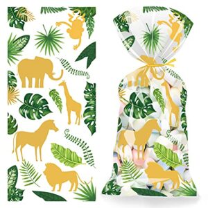 UEMIS 60Pack Jungle Animal Cellophane Treat Bags, Green Gold Safari Animal Palm Leaves Plastic Candy Goodie Bags with Gold Twist Ties for Wedding Wild One Safari Baby Shower Birthday Party Favors (Jungle Animals)