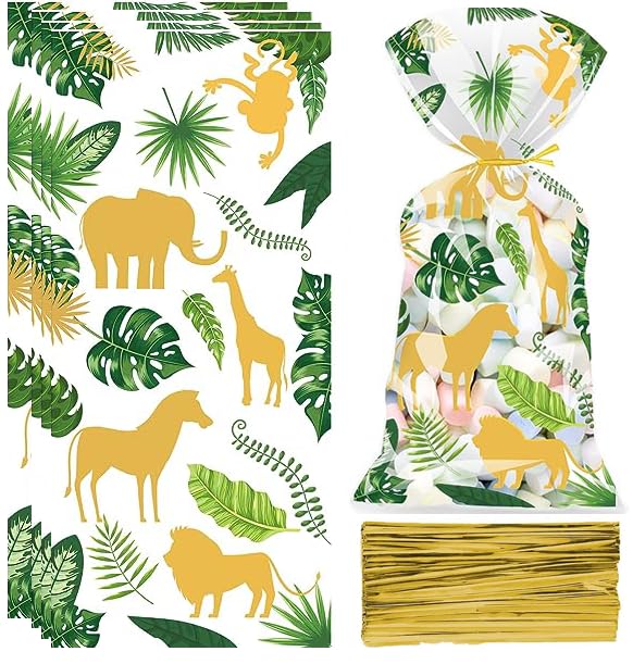 UEMIS 60Pack Jungle Animal Cellophane Treat Bags, Green Gold Safari Animal Palm Leaves Plastic Candy Goodie Bags with Gold Twist Ties for Wedding Wild One Safari Baby Shower Birthday Party Favors (Jungle Animals)