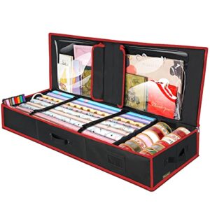 baleine christmas wrapping paper storage organizer with flexible partitions and pockets, 40" durable 600d oxford fabric gift wrap storage bag fits ribbon, ornaments, holiday accessories (black/red)