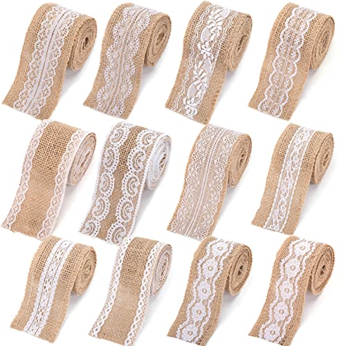 VGOODALL Jute Ribbon, 12PCS Burlap Lace Ribbons Craft Ribbon 26 Yards for Crafts Gift Wrapping Rustic Decor