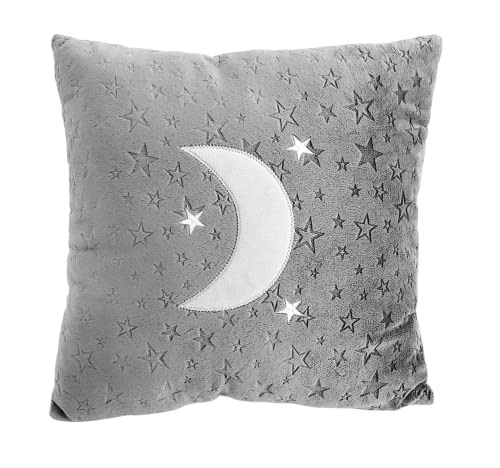 Decorative Plush Throw Pillow for Boys, Girls, Baby Nursery, Toddler Bed, Kids Bedroom, Couch, Sofa - Ultra Soft Star Embossed Fabric with Moon and Stars Design (Grey)