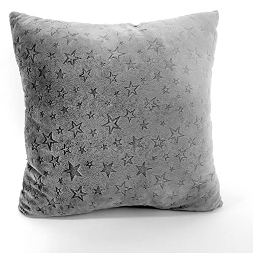 Decorative Plush Throw Pillow for Boys, Girls, Baby Nursery, Toddler Bed, Kids Bedroom, Couch, Sofa - Ultra Soft Star Embossed Fabric with Moon and Stars Design (Grey)