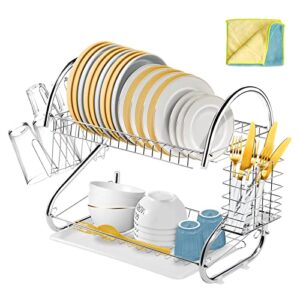 zvonema dish drying rack, stainless steel dish racks for kitchen counter, 2 tier small dish drainers with drainboard & removable utensil holder, space saving dish rack, silver