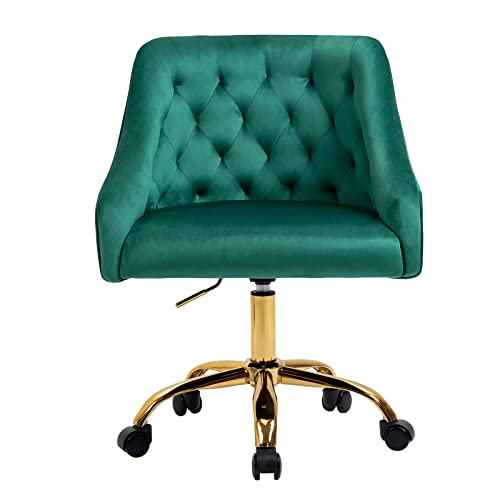 SSLine Modern Cute Desk Chair Home Office Mid-Back Computer Chair on Wheels Elegant Velvet Fabric Task Chair Living Room Upholstery Swivel Chair Vanity Chairs for Girls Women (V Type-Green&Gold)