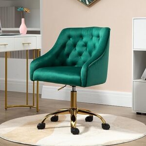 SSLine Modern Cute Desk Chair Home Office Mid-Back Computer Chair on Wheels Elegant Velvet Fabric Task Chair Living Room Upholstery Swivel Chair Vanity Chairs for Girls Women (V Type-Green&Gold)