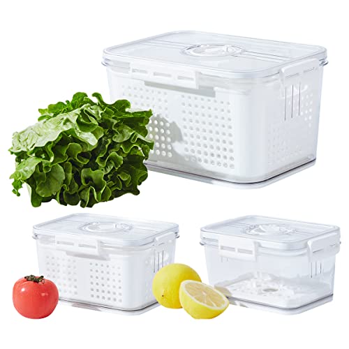 HIEEY 3-Piece Fruit Storage Containers for Fridge with Strainer,Produce Containers for Fridge,Lettuce Keeper,White (Not Dishwasher Safe) | BPA-Free