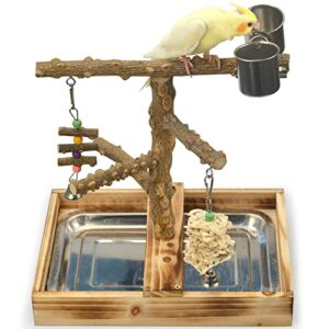 limio natural wood bird toys playground, bird cage accessories, bird perches, with removable tray and 2 stainless steel cups