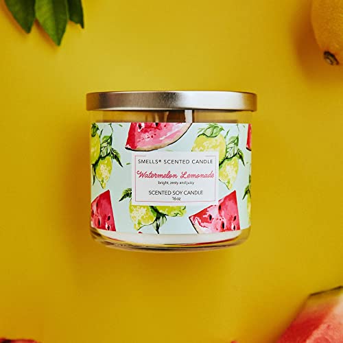 Smells - Premium Soy Wax Round Jar Scented Candle 16oz. - 100% Cotton 3-Wicks - Fragrance That Eliminates Home and Office Odors: Food, Pets, Smoke and Others (1-Pack, Watermelon Lemonade)