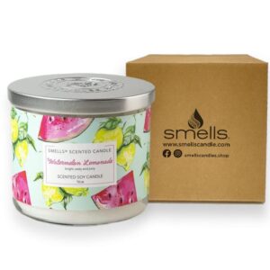 Smells - Premium Soy Wax Round Jar Scented Candle 16oz. - 100% Cotton 3-Wicks - Fragrance That Eliminates Home and Office Odors: Food, Pets, Smoke and Others (1-Pack, Watermelon Lemonade)