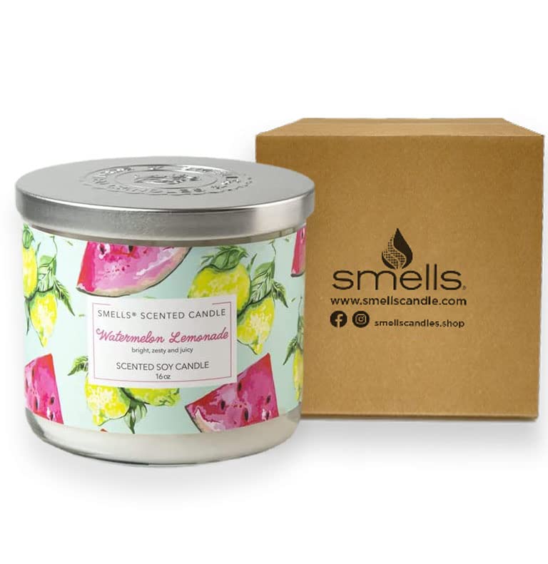 Smells - Premium Soy Wax Round Jar Scented Candle 16oz. - 100% Cotton 3-Wicks - Fragrance That Eliminates Home and Office Odors: Food, Pets, Smoke and Others (1-Pack, Watermelon Lemonade)