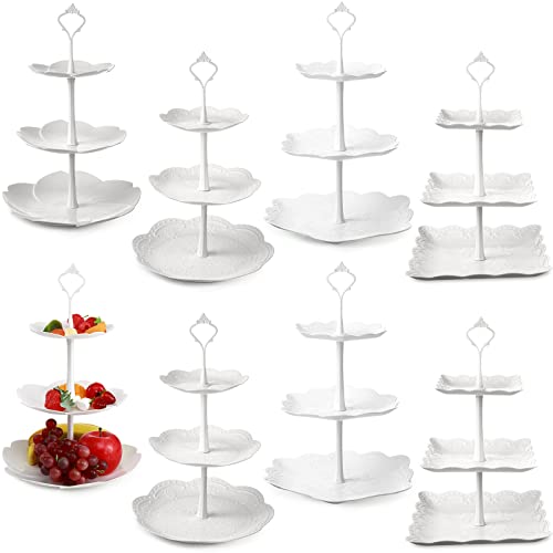 Potchen 8 Sets 3 Tier Cupcake Stand Plastic Tiered Serving Tray Round Flower Square Hexagonal White Dessert Table Display Set Candy Tower Pastry Holder for Party Wedding