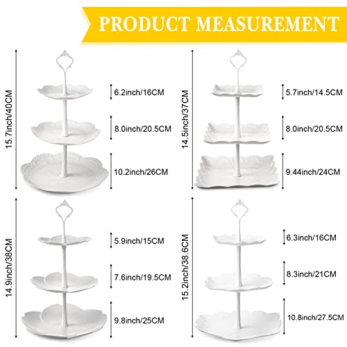 Potchen 8 Sets 3 Tier Cupcake Stand Plastic Tiered Serving Tray Round Flower Square Hexagonal White Dessert Table Display Set Candy Tower Pastry Holder for Party Wedding