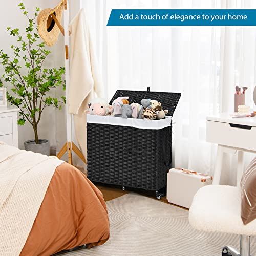 GOFLAME Laundry Hamper with Lid and Wheels, Hand Woven Rattan Clothes Hamper with 125L Large 3 Divided Sections and 2 Removable and Washable Liner Bags, Dirty Clothes Hamper Storage with Handles