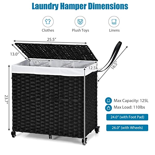 GOFLAME Laundry Hamper with Lid and Wheels, Hand Woven Rattan Clothes Hamper with 125L Large 3 Divided Sections and 2 Removable and Washable Liner Bags, Dirty Clothes Hamper Storage with Handles