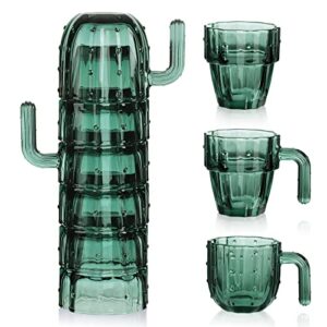 joeyan vintage glassware, stackable cactus drinking glass cups, vintage green colored drinking glass tumblers for wine juice beverages water coffee, set of 6, 8 oz, heavy duty, dishwasher safe