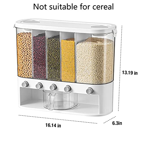 Conworld Dry Food Dispenser,Wall mounted 5 Grid Scent Bead Dispenser,Rice dispenser 25 pounds Kitchen Storage with Measuring Cup, Suitable for Rice, Beans, Laundry Beads