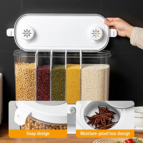 Conworld Dry Food Dispenser,Wall mounted 5 Grid Scent Bead Dispenser,Rice dispenser 25 pounds Kitchen Storage with Measuring Cup, Suitable for Rice, Beans, Laundry Beads