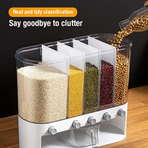 Conworld Dry Food Dispenser,Wall mounted 5 Grid Scent Bead Dispenser,Rice dispenser 25 pounds Kitchen Storage with Measuring Cup, Suitable for Rice, Beans, Laundry Beads