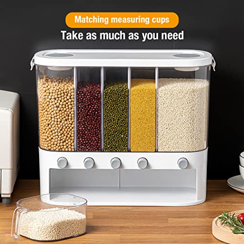 Conworld Dry Food Dispenser,Wall mounted 5 Grid Scent Bead Dispenser,Rice dispenser 25 pounds Kitchen Storage with Measuring Cup, Suitable for Rice, Beans, Laundry Beads