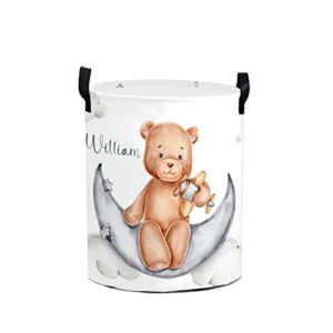 nzoohy teddy bear sits on moon personalized waterproof foldable laundry basket bag with handle, custom collapsible clothes hamper storage bin for toys laundry dorm travel bathroom