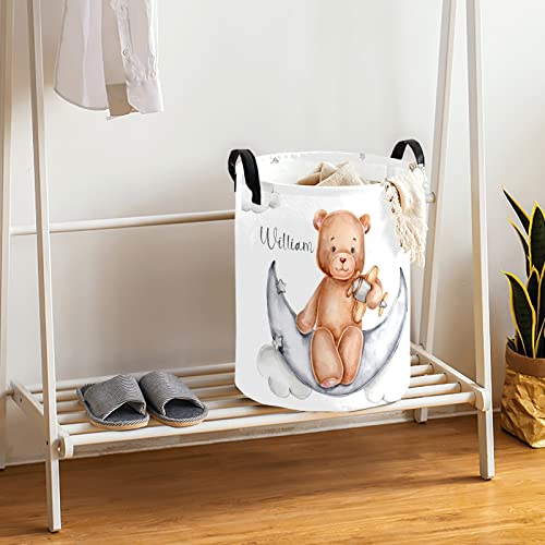 NZOOHY Teddy Bear Sits on Moon Personalized Waterproof Foldable Laundry Basket Bag with Handle, Custom Collapsible Clothes Hamper Storage Bin for Toys Laundry Dorm Travel Bathroom