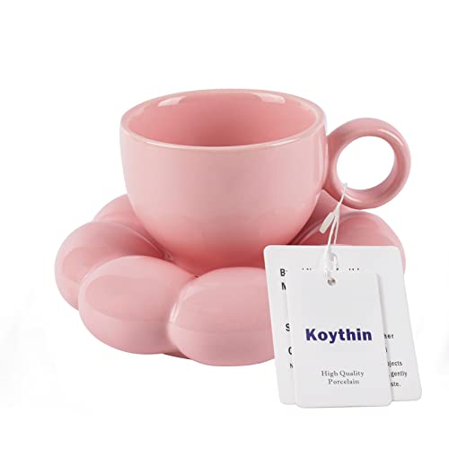 Koythin Ceramic Coffee Mug with Saucer Set, Creative Cute Cup with Sunflower Coaster for Office and Home, Dishwasher and Microwave Safe, 6.5 oz/200 ml for Tea Latte Milk (Peach Pink)