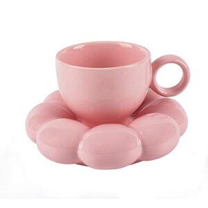 Koythin Ceramic Coffee Mug with Saucer Set, Creative Cute Cup with Sunflower Coaster for Office and Home, Dishwasher and Microwave Safe, 6.5 oz/200 ml for Tea Latte Milk (Peach Pink)