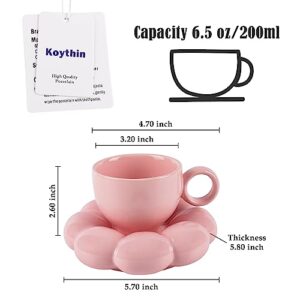 Koythin Ceramic Coffee Mug with Saucer Set, Creative Cute Cup with Sunflower Coaster for Office and Home, Dishwasher and Microwave Safe, 6.5 oz/200 ml for Tea Latte Milk (Peach Pink)