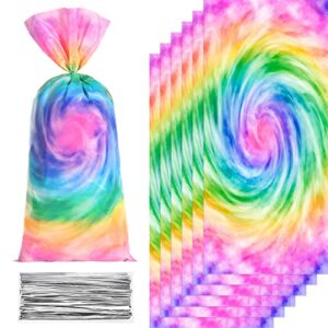 gitmiws 100 pieces tie dye cellophane bags, rainbow color cellophane goodie bags for birthday treat bags, party favor bags for kids, tie dye party supplies, tie dye birthday party decorations