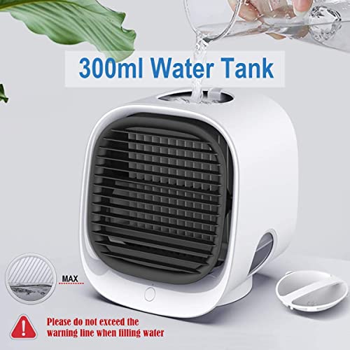 MOGUU Portable Air Conditioner, Evaporative Cooler Fan, 3 Wind Speed & 7 LED Light, USB Powered Personal with 300ml Water Tank for Home, Bedroom, Office, Dorm, Car, Camping Tent, White