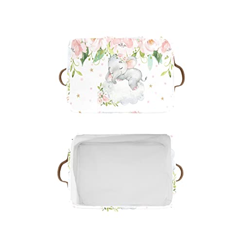 Elephant Pink Floral Personalized Storage Bins Basket Cubic Organizer with Durable Handle for Shelves Wardrobe Nursery Toy 2 Pack