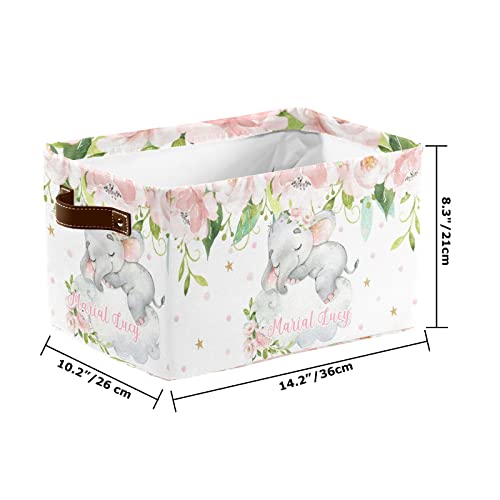 Elephant Pink Floral Personalized Storage Bins Basket Cubic Organizer with Durable Handle for Shelves Wardrobe Nursery Toy 2 Pack