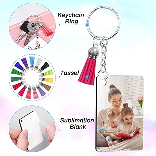 Modacraft Sublimation Keychain Blanks Bulk 120Pcs Sublimation Keychain Blanks Set with Rectangle Sublimation Blanks, Keychain Tassels, Keychain Rings and Jump Rings for DIY Keychain Crafting