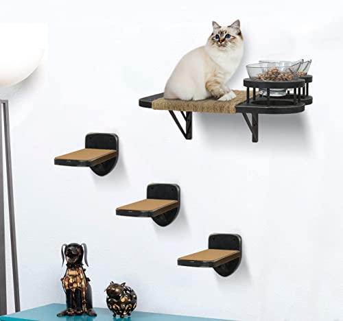 Cat Hammock Cat Wall Shelves with 3 Steps, Cat Shelves and Perches with 2 Cat Food Shelf, Cat Climbing Shelf Cat Scratching Post Cat Wall Shelf for Indoor, Cat Steps with Plush Covered, Gift for Cat…