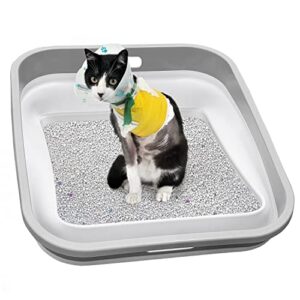 maohegou senior three legged arthritic low entry open cat litter box for sick frail handicap disabled cats, older elderly corner cat litter box (one pack)