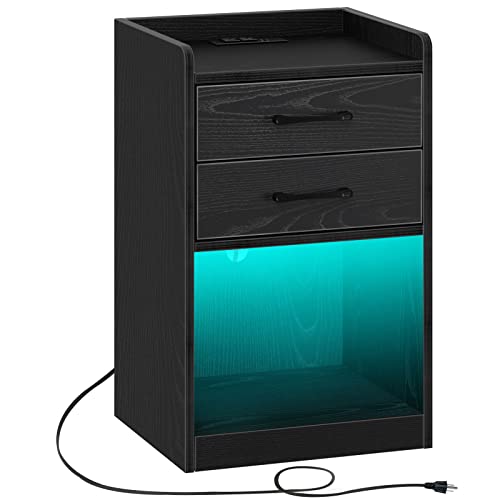 Rolanstar Nightstand -Tool Free Quick Install, End Table with Charging Station and LED Lights, Modern Bed Side Table with 2 Drawers, for Bedroom, Black