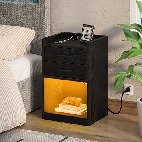 Rolanstar Nightstand -Tool Free Quick Install, End Table with Charging Station and LED Lights, Modern Bed Side Table with 2 Drawers, for Bedroom, Black