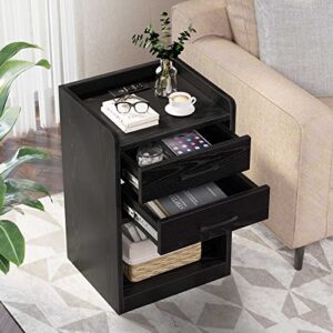 Rolanstar Nightstand -Tool Free Quick Install, End Table with Charging Station and LED Lights, Modern Bed Side Table with 2 Drawers, for Bedroom, Black