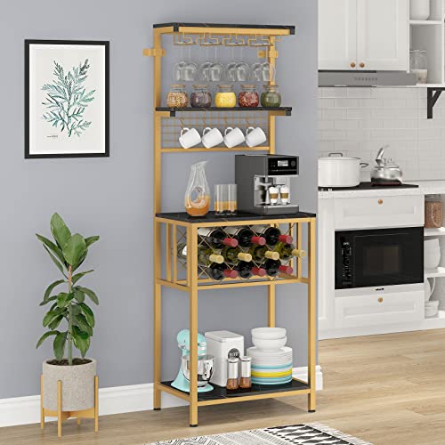 HOMYSHOPY Wine Bakers Rack, Freestanding Wine Rack with Glass Holder and Storage Shelves, Multifunctional Wine Bar Cabinet for Home Kitchen(Black)