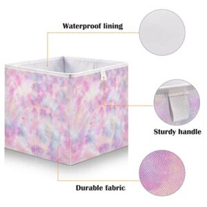 Ollabaky Pastel Tie Dye Cube Storage Bin, Foldable Fabric Storage Cube Basket Cloth Organizer Box with Handle for Closet Shelves, Nursery Storage Toy Bin - S