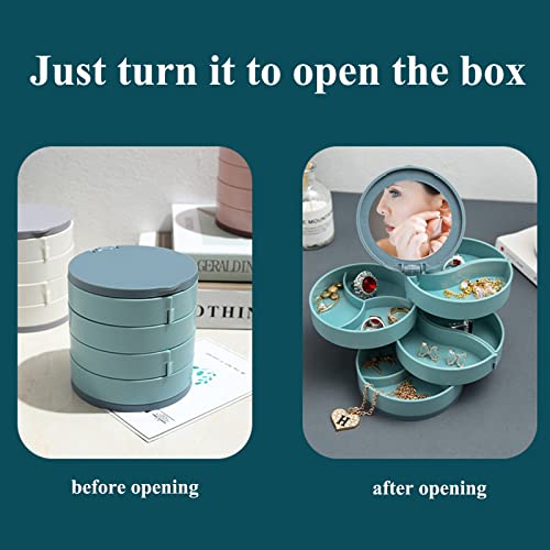 Jewelry Organizer Small Rotating Jewelry Storage Case, Mirror Jewelry Storage Box Earring Holder for Women, 4-layers Rotating Travel Jewelry Tray Case with Lid for Earrings Necklaces