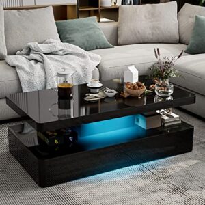 ikifly modern high glossy black coffee table with 16 colors led lights, contemporary rectangle design living room furniture, 2 tiers