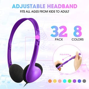 Bulk Headphone Earphones 32 Pack for School Headphones with 3.5 mm Headphone Plug for School Classroom Library Students Kids Children Teen and Adults (Multicolor)